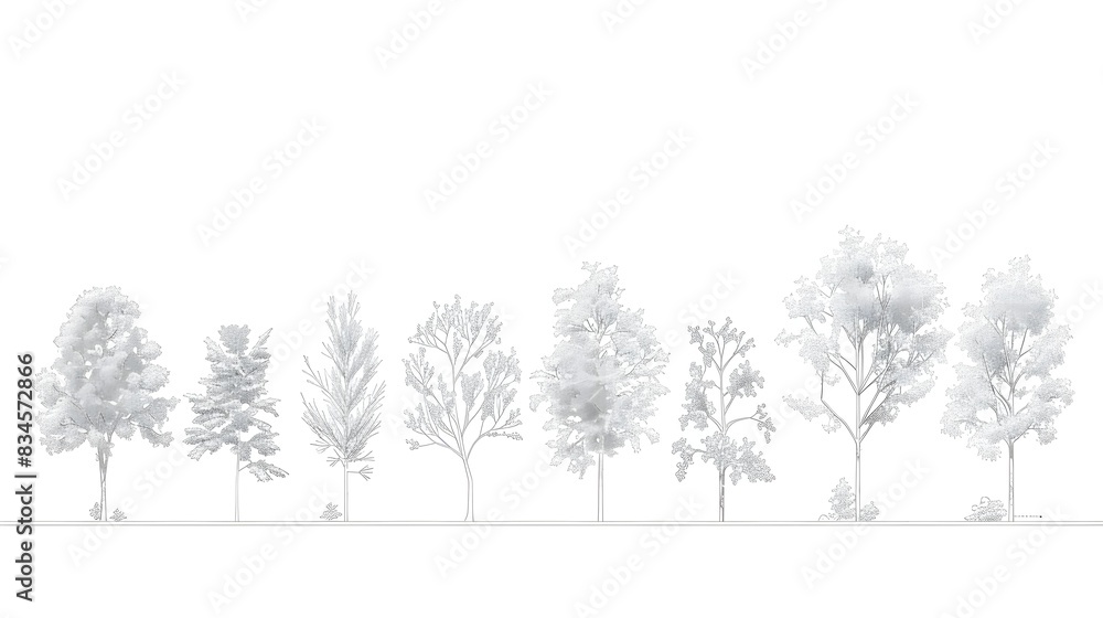 Minimal style cad tree line drawing, Side view, set of graphics trees elements outline symbol ...