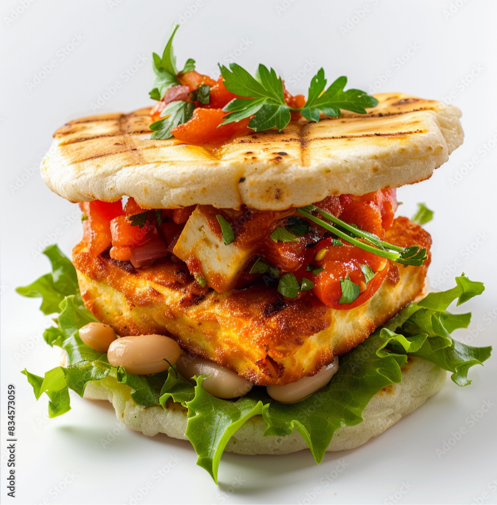 a venezuelian arepas with fried tofu, white beans in red salsa, lettuce ...