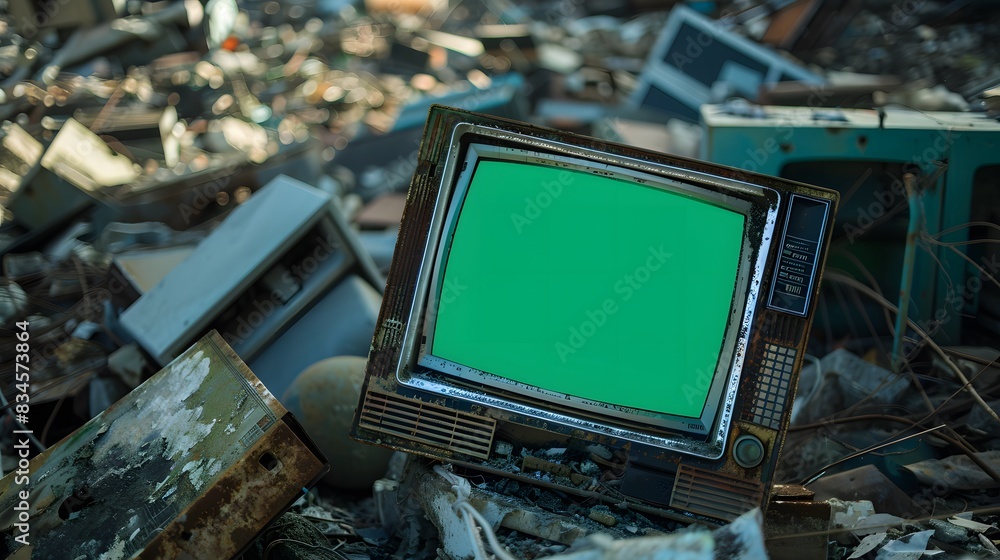 Tube TV in a pile of electronic waste, the TV screen is a green screen ...