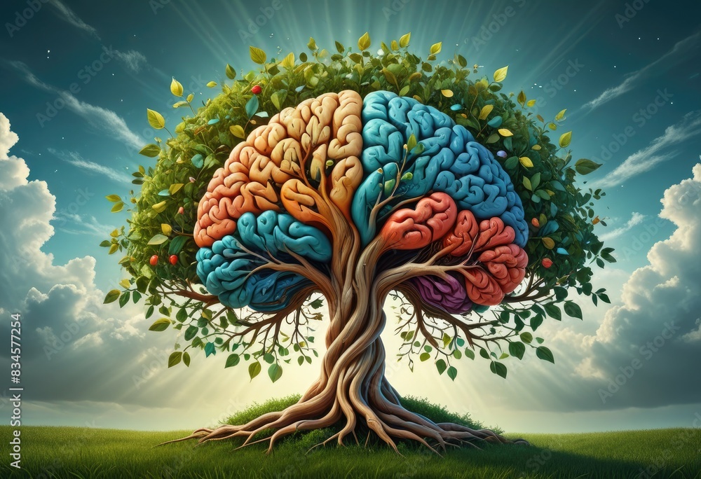 Illustrate a human brain transforming into a flourishing tree ...