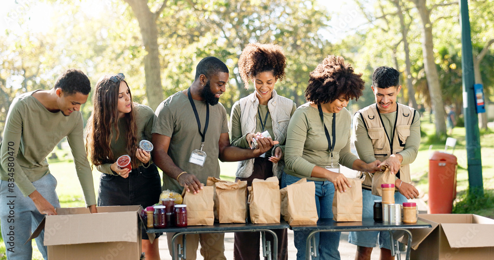 People, volunteering and helping package in outside, kindness ngo and ...