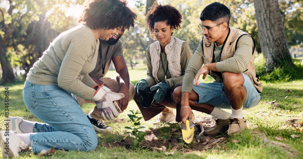 Teamwork, planting and community project in nature, park and garden for ...