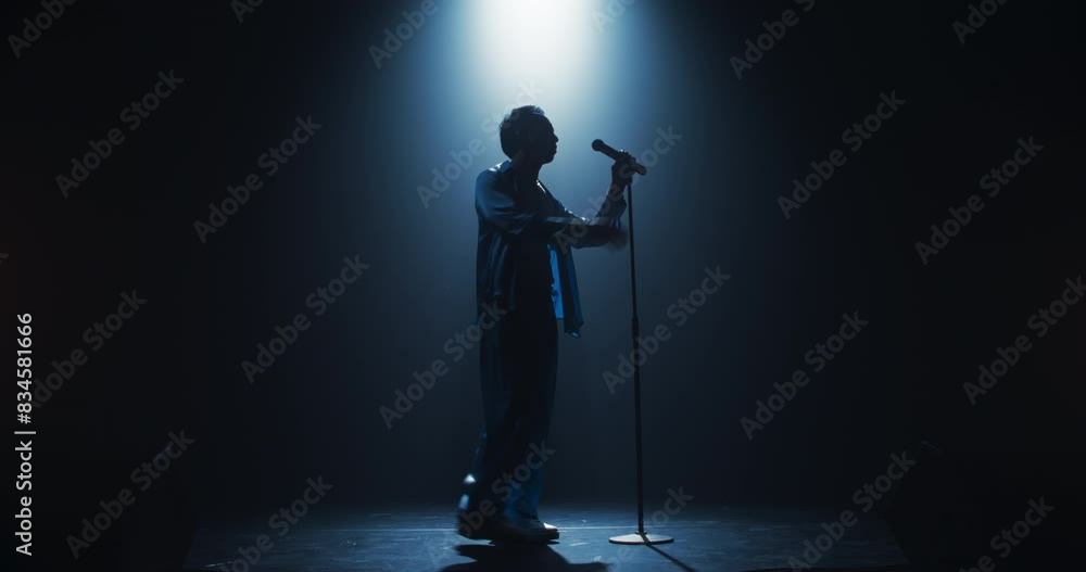Superstar Singer Entering a Dark Stage and Grabbing the Microphone. Pop ...