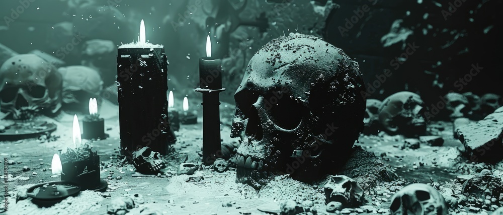 Eerie Satanic Ritual Altar with Black Dagger, Skull, and Burning ...