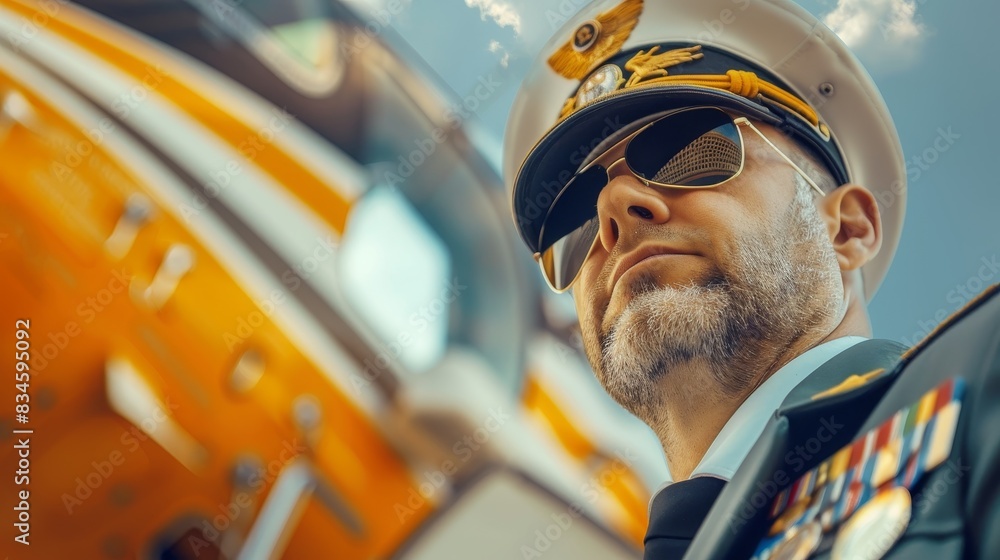 A handsome male pilot in uniform stands on the airport, wearing ...