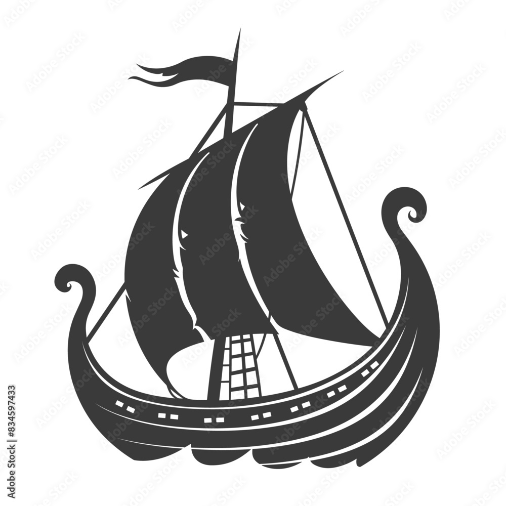 A simple vector logo of an ancient Greek longship with black sails and ...