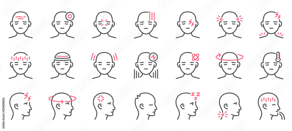 Headache Icons Set. Illustrations of Various Headache Types and ...
