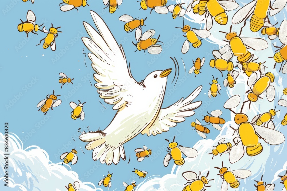 Cartoon cute doodles of a bird flying through a swarm of bees to reach ...