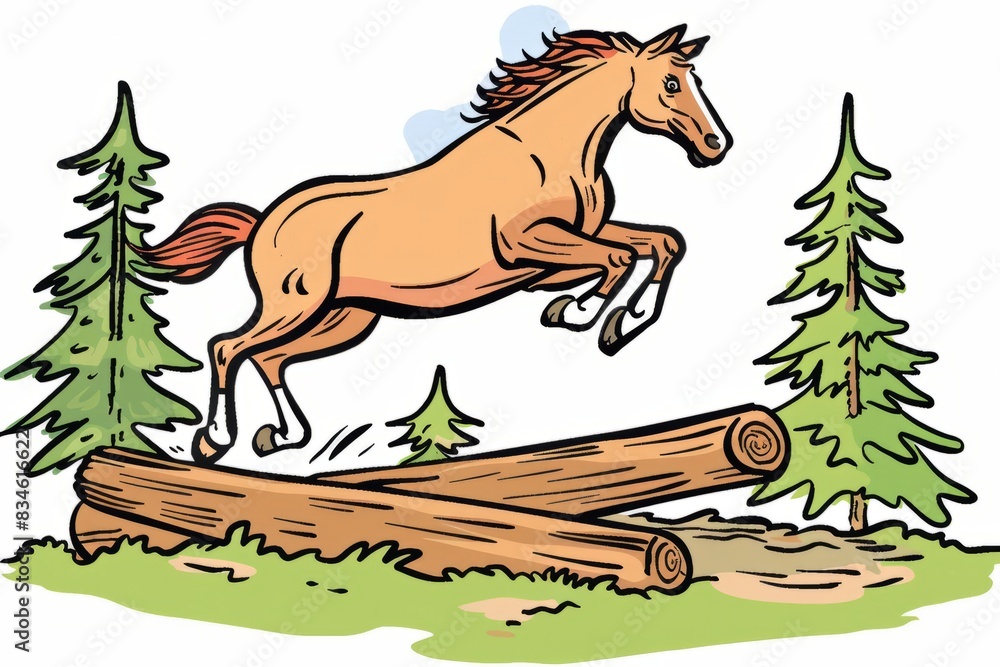 Cartoon cute doodles of a horse leaping over fallen logs on a trail ...