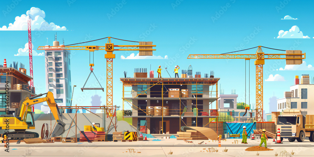 2d background Construction Site A busy construction site with cranes ...