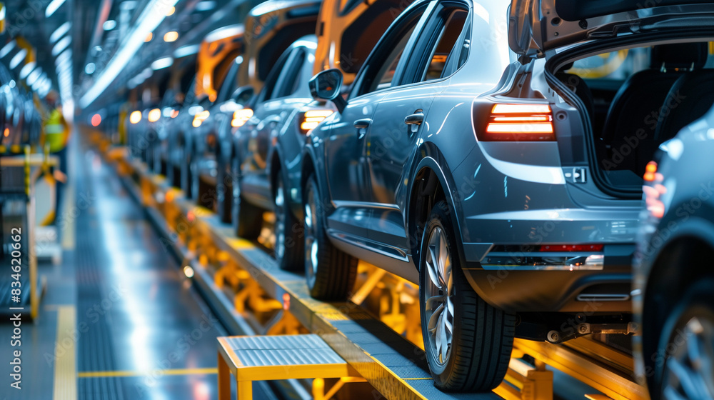 Mass Production Assembly Line of Cars. he perspective highlights a row ...