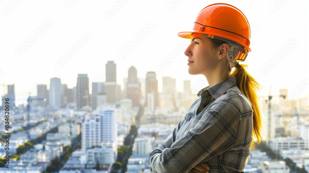 Portrait of a Young Female Construction Worker Overlooking a Cityscape ...