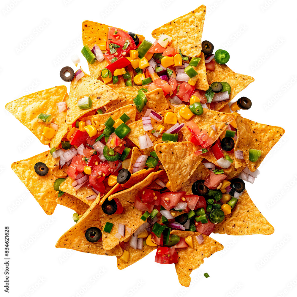 Nachos with diced vegetables and olives, top view, isolated on white ...