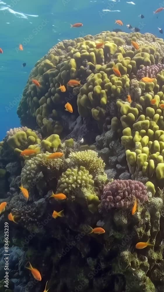 School of orange and black fish swimming in blue water, illustrating ...
