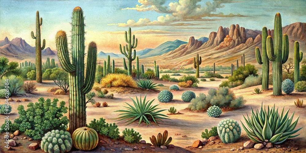 Vintage drawing of a desert landscape with cacti , desert, cactus ...