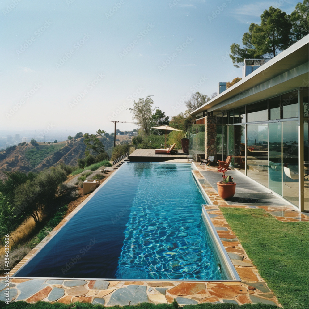 Photo of the backyard of a home with a rectangle pool, the pool is on a ...