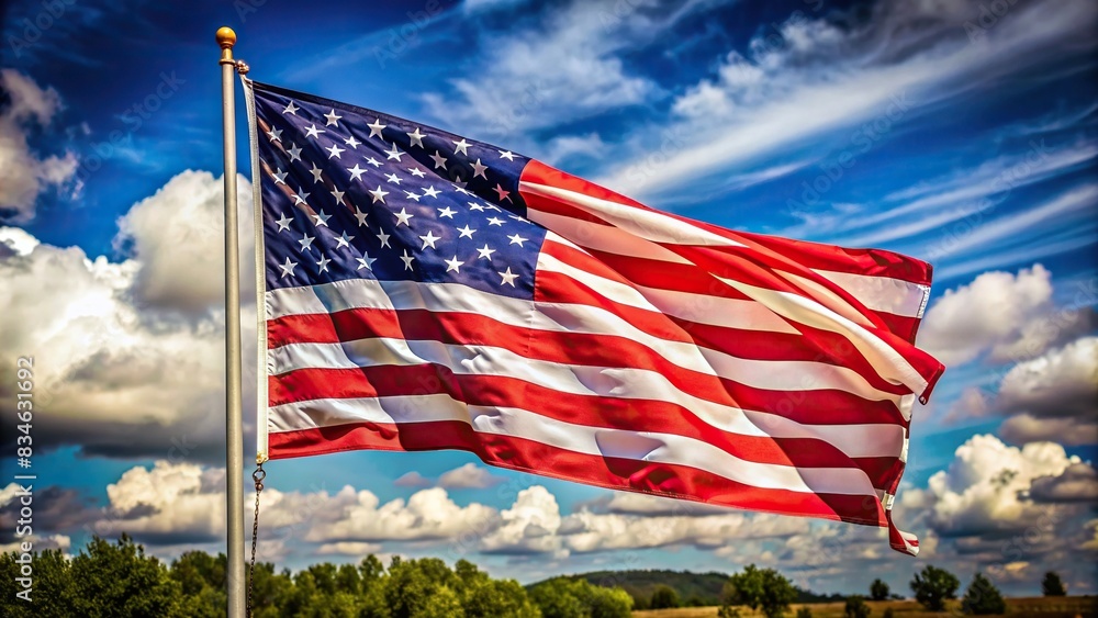 American flag waving proudly in the wind on the 4th of July celebration ...