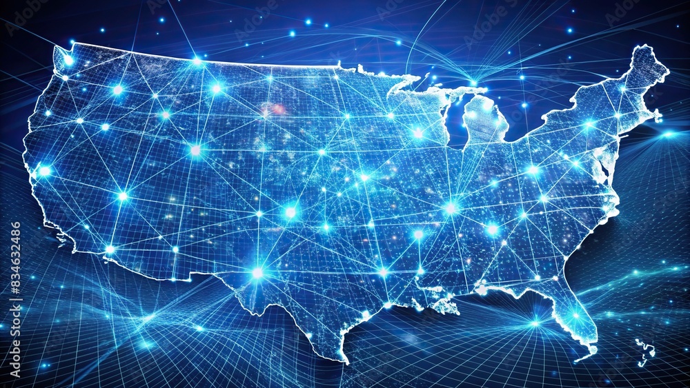 Digital map of the USA depicting global network connectivity and cyber ...