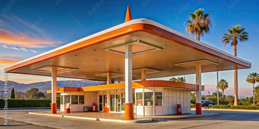 of a vintage Googie style gas service station from the 60's and 70's ...