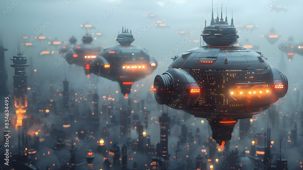 Futuristic city skyline with a swarm of flying robotics, drones with ...
