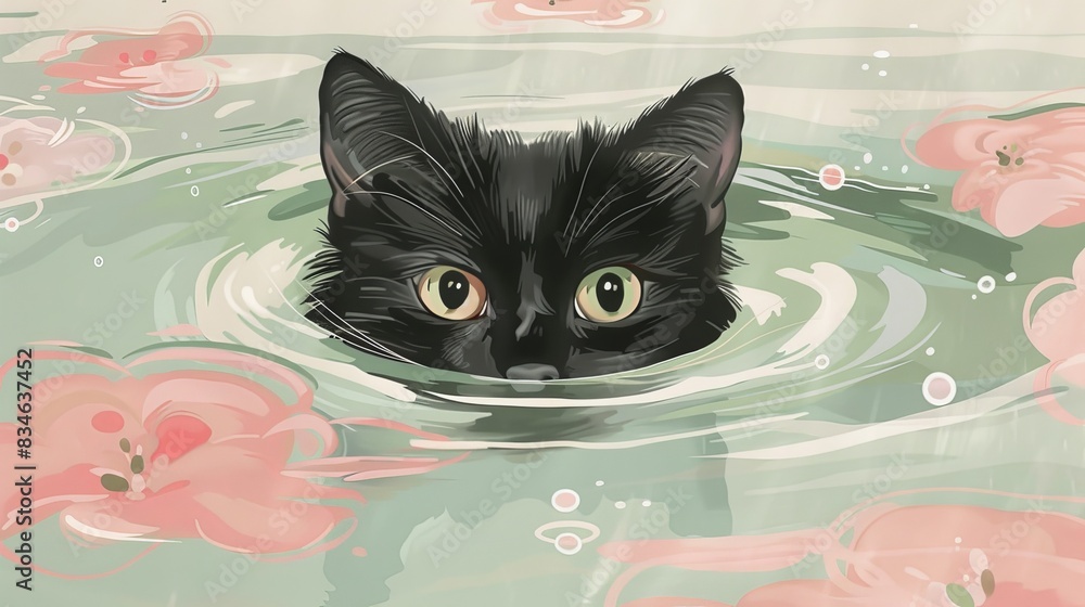 Whimsical illustration of a black cat swimming in water surrounded by ...