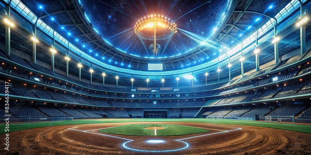 Empty baseball stadium transformed into a futuristic sci-fi scene with ...