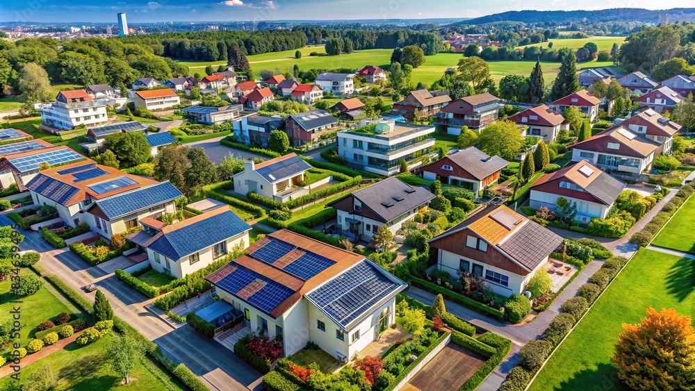 Panoramic view of an eco-friendly suburb with green roofs and solar ...
