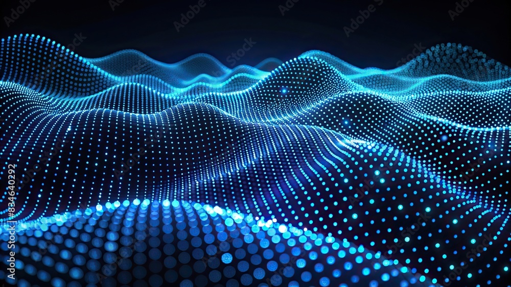 Abstract waves of blue dots on a black background, representing digital ...