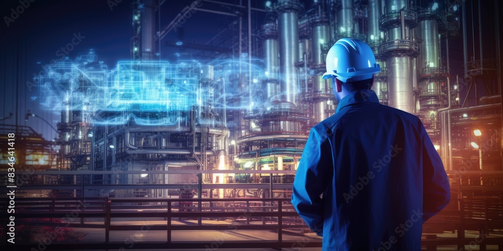 Professional industrial engineer with blueprints checking and analysis ...