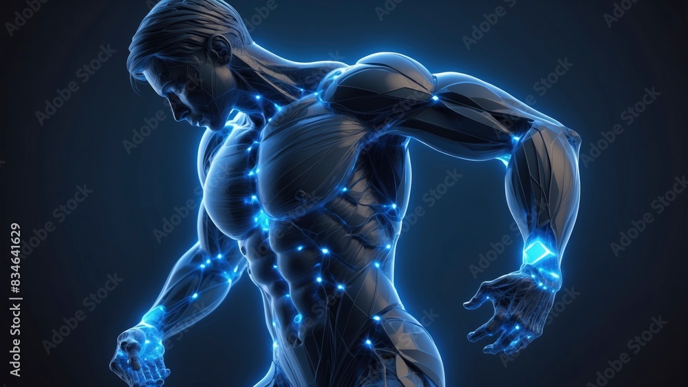 3D low poly wireframe illustration of a flexed male human, with triceps ...