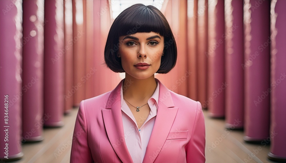 Caucasian woman with a bob hairstyle wearing a pink business suit ...