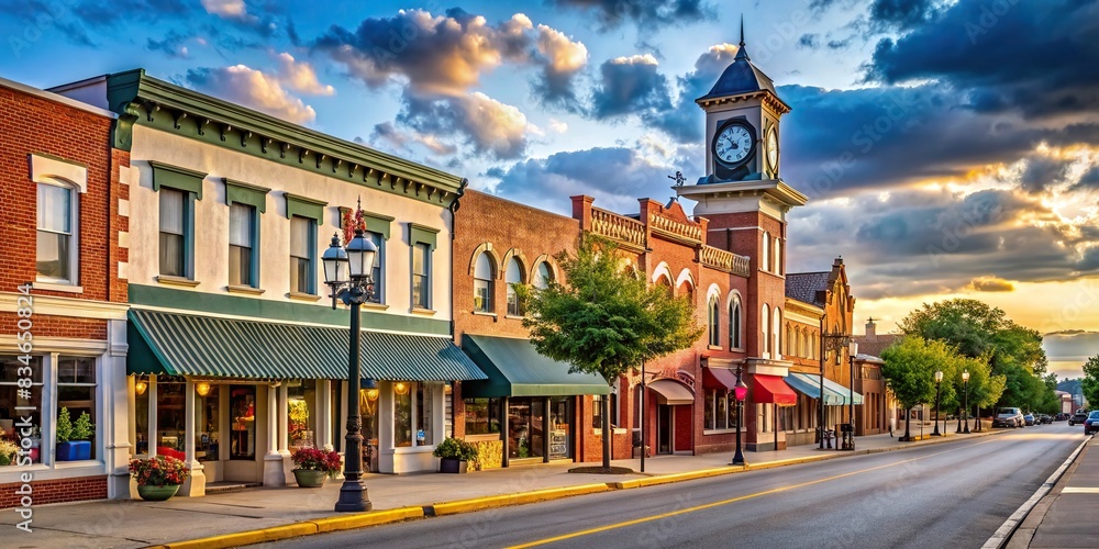 Rural small town main street with storefronts and clock tower, midwest ...