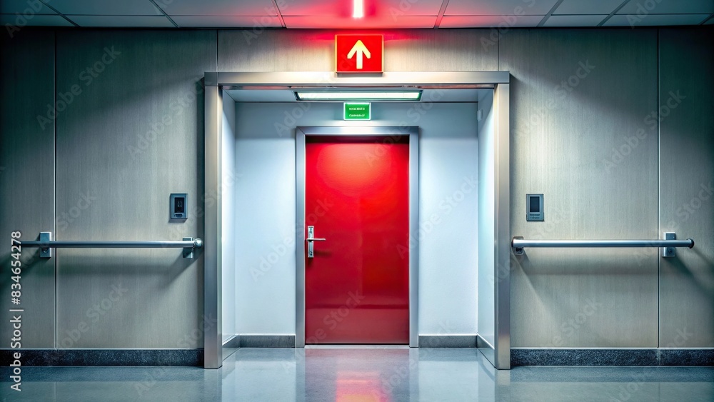 A closed emergency exit door with red exit sign and no people standing ...