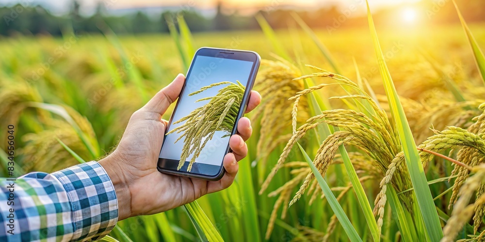 Mock-up smartphone in hand of rice farmer using agriculture app for ...