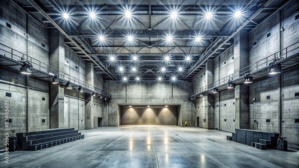 Modern underground bunker with massive concrete walls and stage lights ...