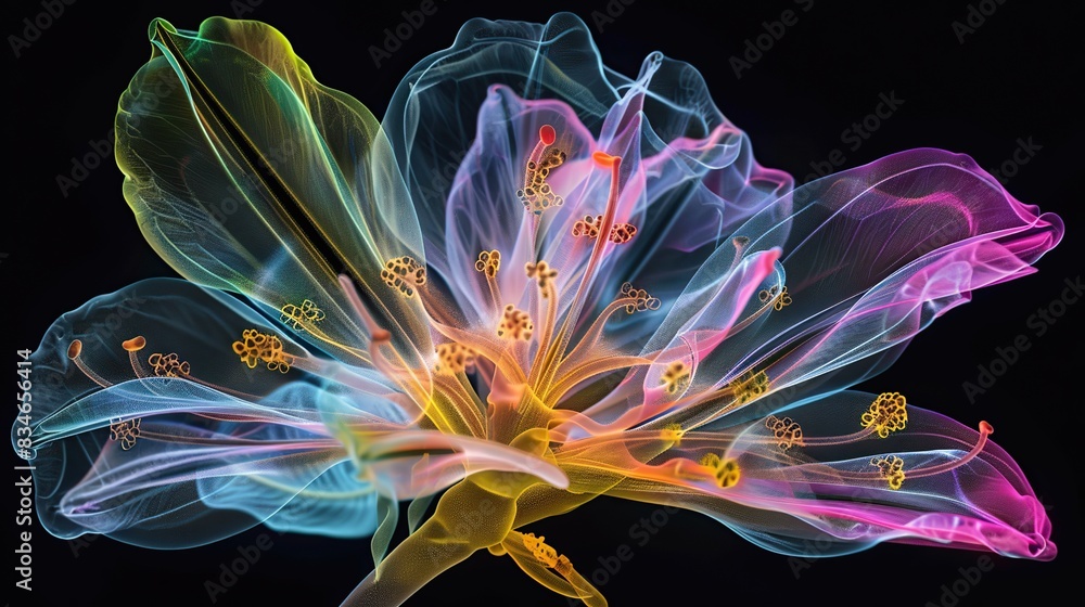 X-ray scan of futuristic colorful flowers on black background. The ...