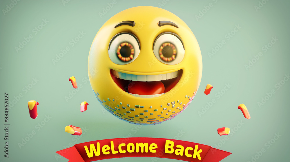 A soft spring green backdrop to a 3D luxury yellow emoji, its face full ...