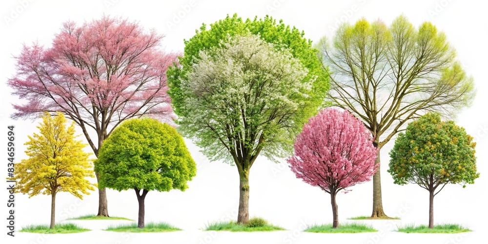 of spring trees with different trunks and foliage on a white background ...