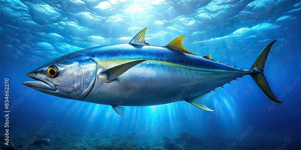 Tuna fish swimming gracefully in the deep blue sea, ocean, underwater ...