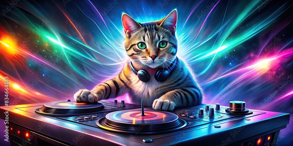 Digital artwork of a DJ cat mixing music on turntables, DJ, cat, music ...