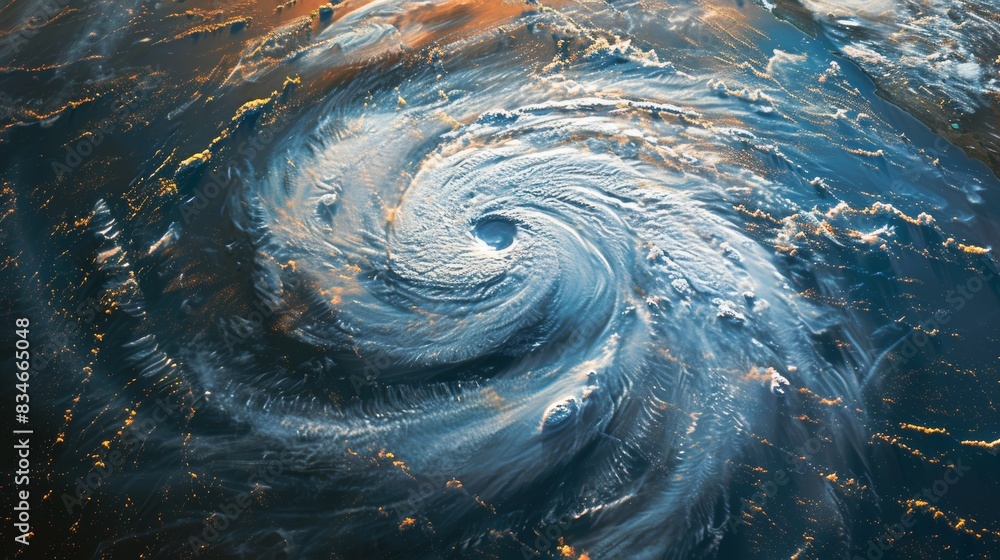 A satellite image of a hurricane or cyclone swirling over the ocean ...
