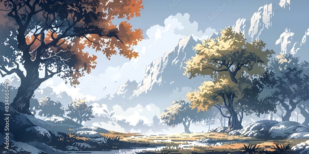 Retrostyle pixel art wallpaper featuring old computer landscape in bit ...