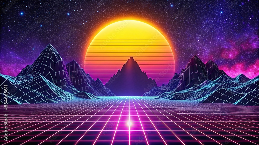 ภาพประกอบสต็อก Retro dotwork landscape with 80s styled sun, grid ...