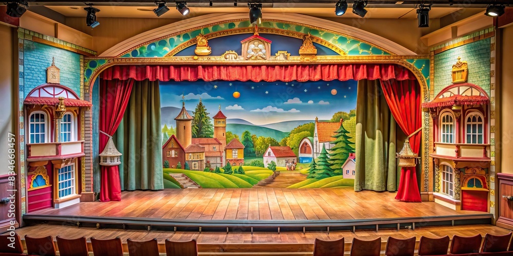 Traditional English theater stage with cartoon of props and scenery ...