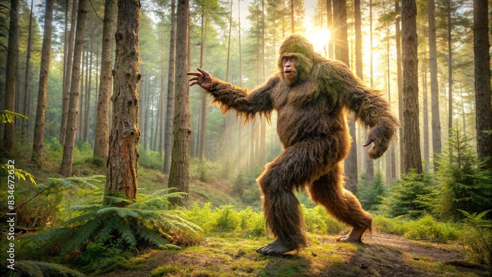 Bigfoot dancing in a serene forest setting, Bigfoot, dancing, forest, nature, mythical creature ...