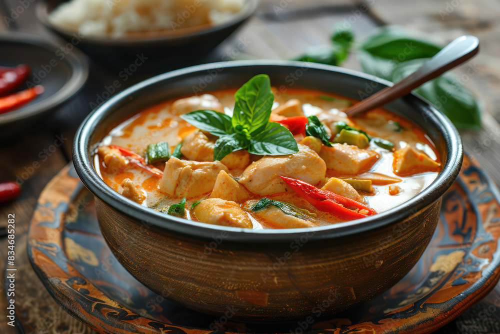 Thai Red Curry, creamy and spicy with chicken. Thai food on soup bowl ...