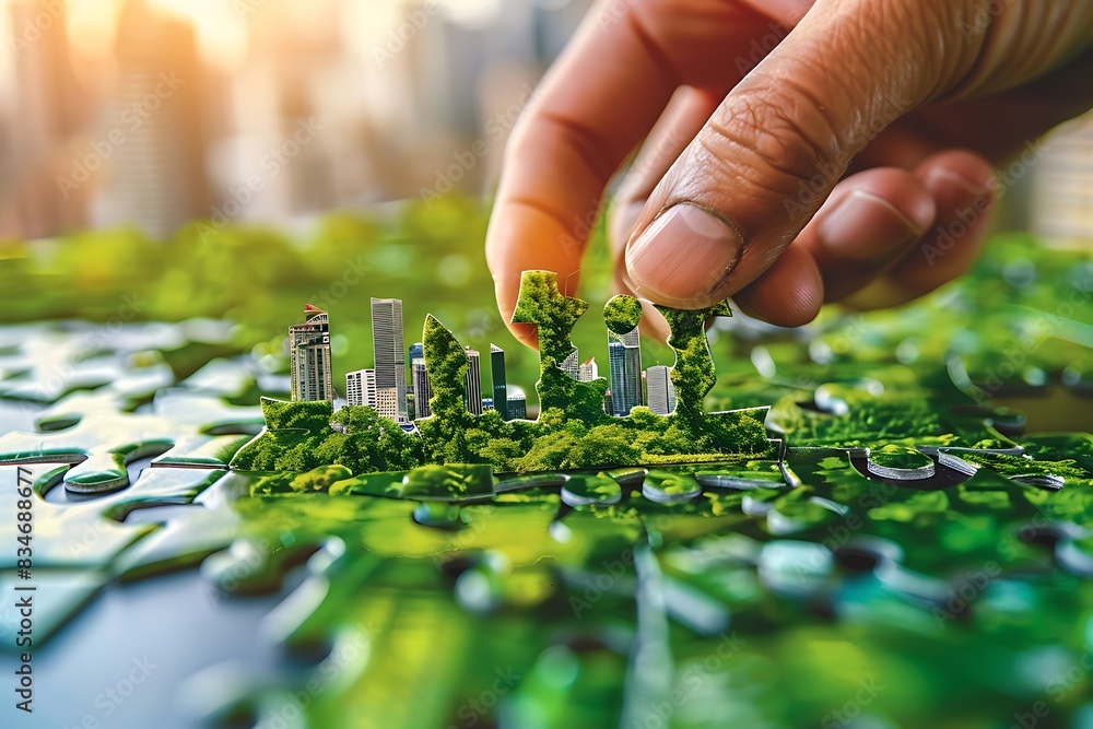 Hand carefully connects jigsaw puzzle pieces, featuring elements of a ...
