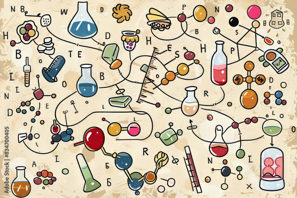 Cartoon cute doodles of a chemistry-themed board game with molecules as ...