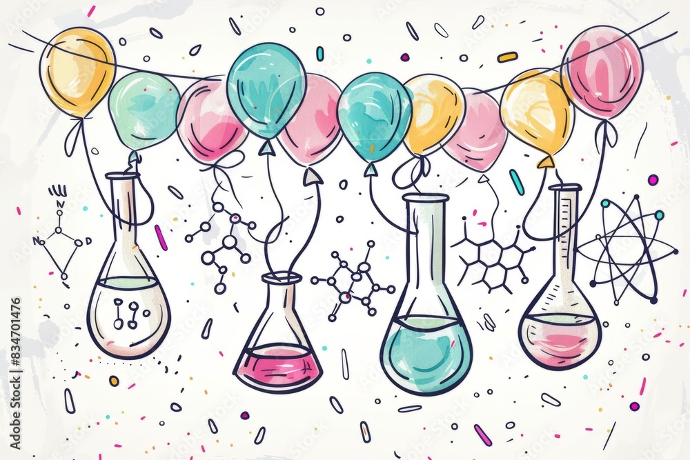 Cartoon cute doodles of a chemistry-themed party with beaker-shaped ...