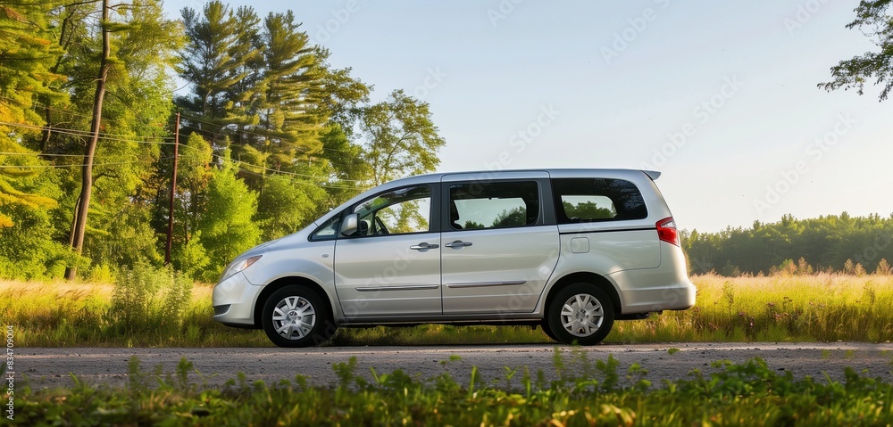 Silver hybrid minivan half side view with copy space on nature ...